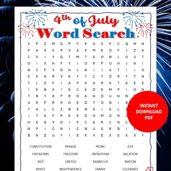 4th of July Word Search Game 4th of July Printable Games - Etsy