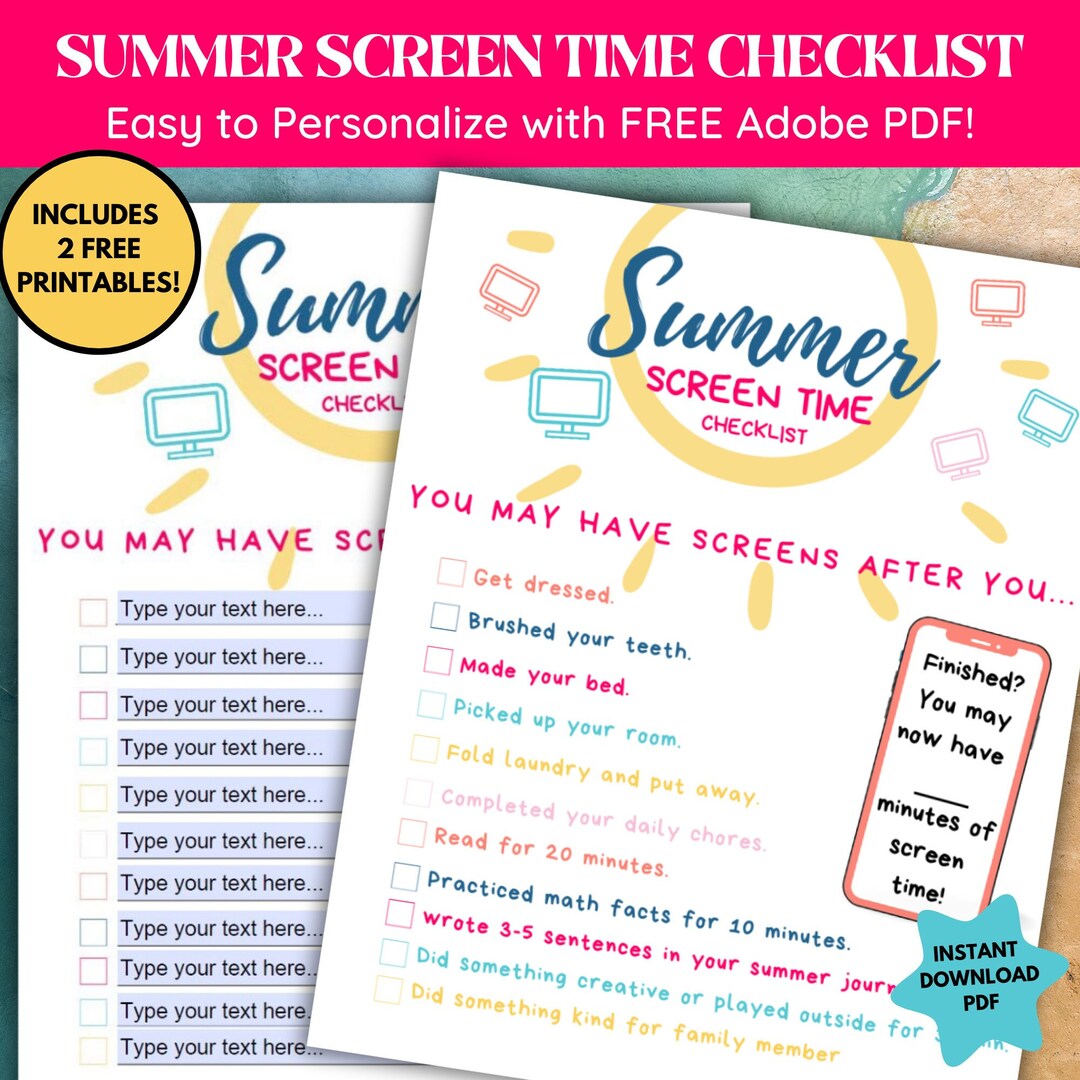Screen Time Checklist Editable Screen Time Chore Chart Summer Chores ...