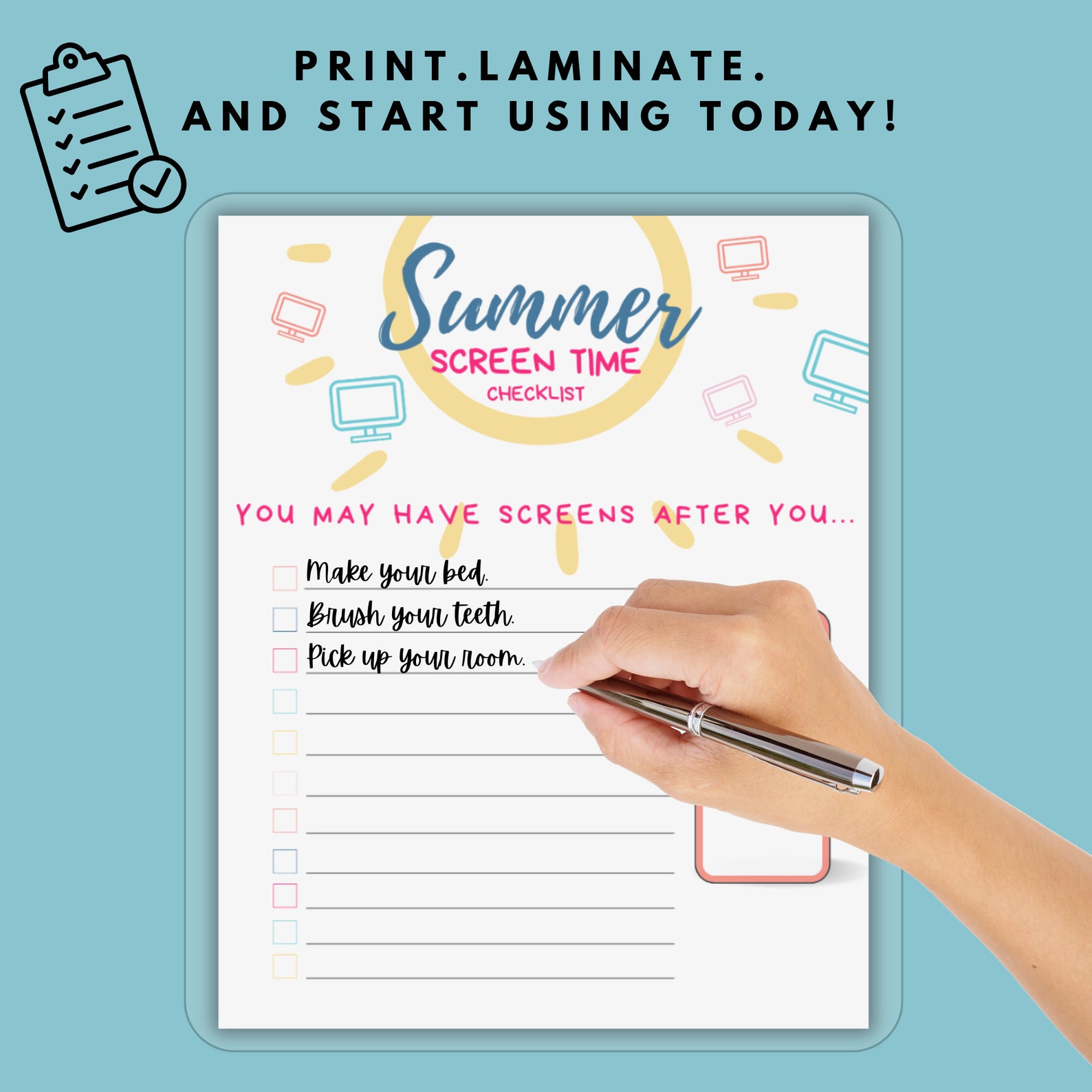 Screen Time Checklist Editable Screen Time Chore Chart Summer Chores ...