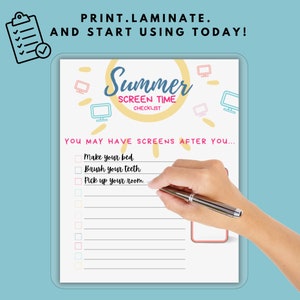 Screen Time Checklist Editable Screen Time Chore Chart Summer Chores ...