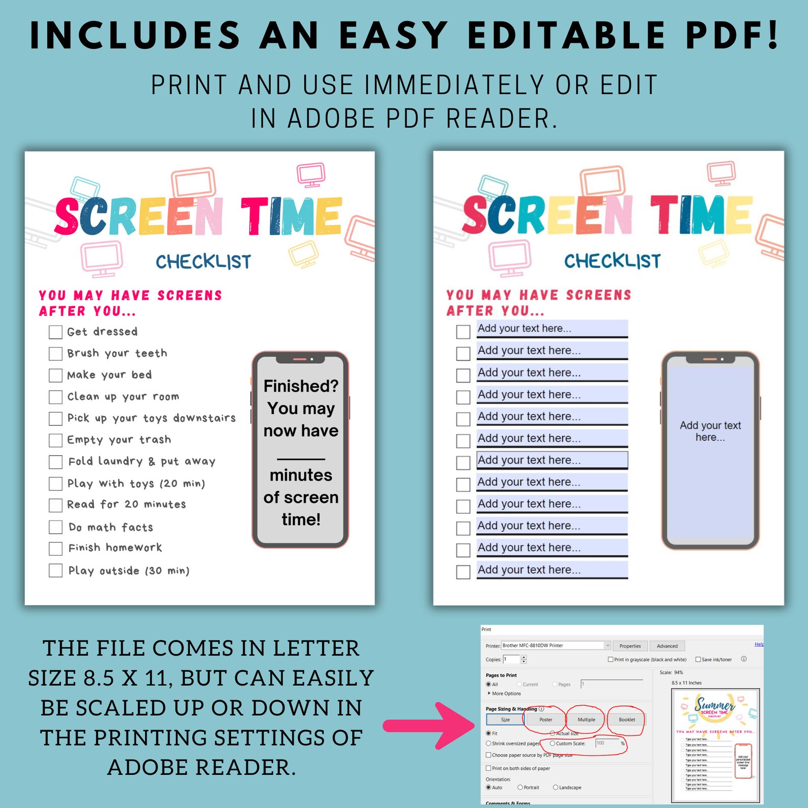 Screen Time Chart EDITABLE Screen Time Checklist Instant - Etsy