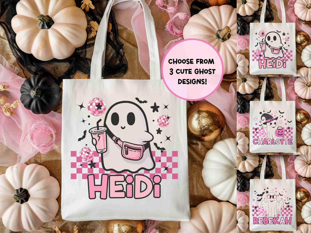 Personalized Trick or Treat Bag With Cute Pink Ghost, Custom Halloween ...