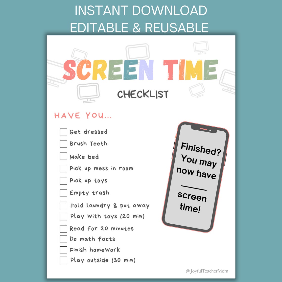 Screen Time Chart editable Screen Time Printable Chore - Etsy