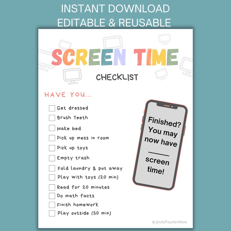 Screen Time Chart editable Screen Time Printable Chore - Etsy