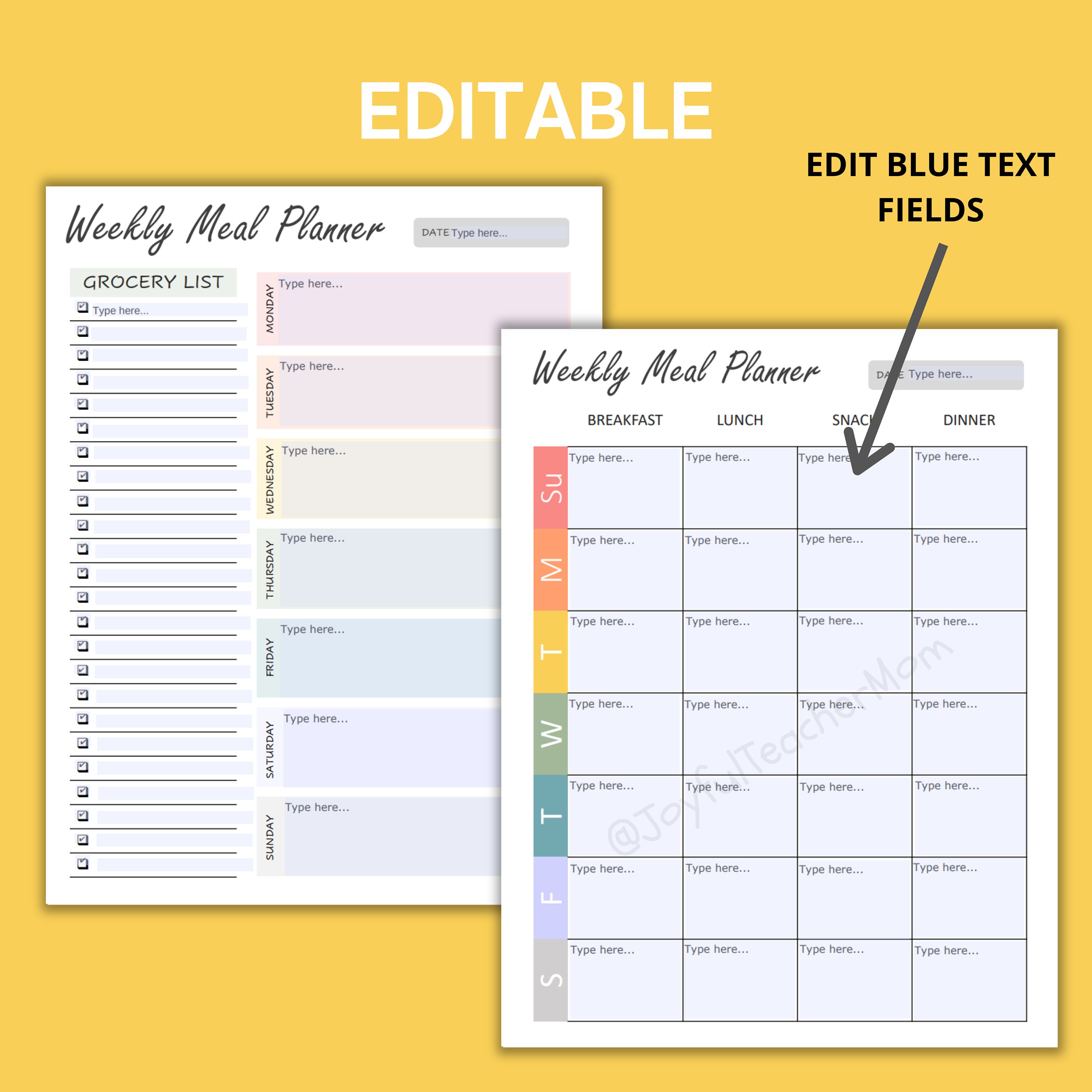 Weekly Meal Planner Printable EDITABLE Meal Plan Weekly Food - Etsy