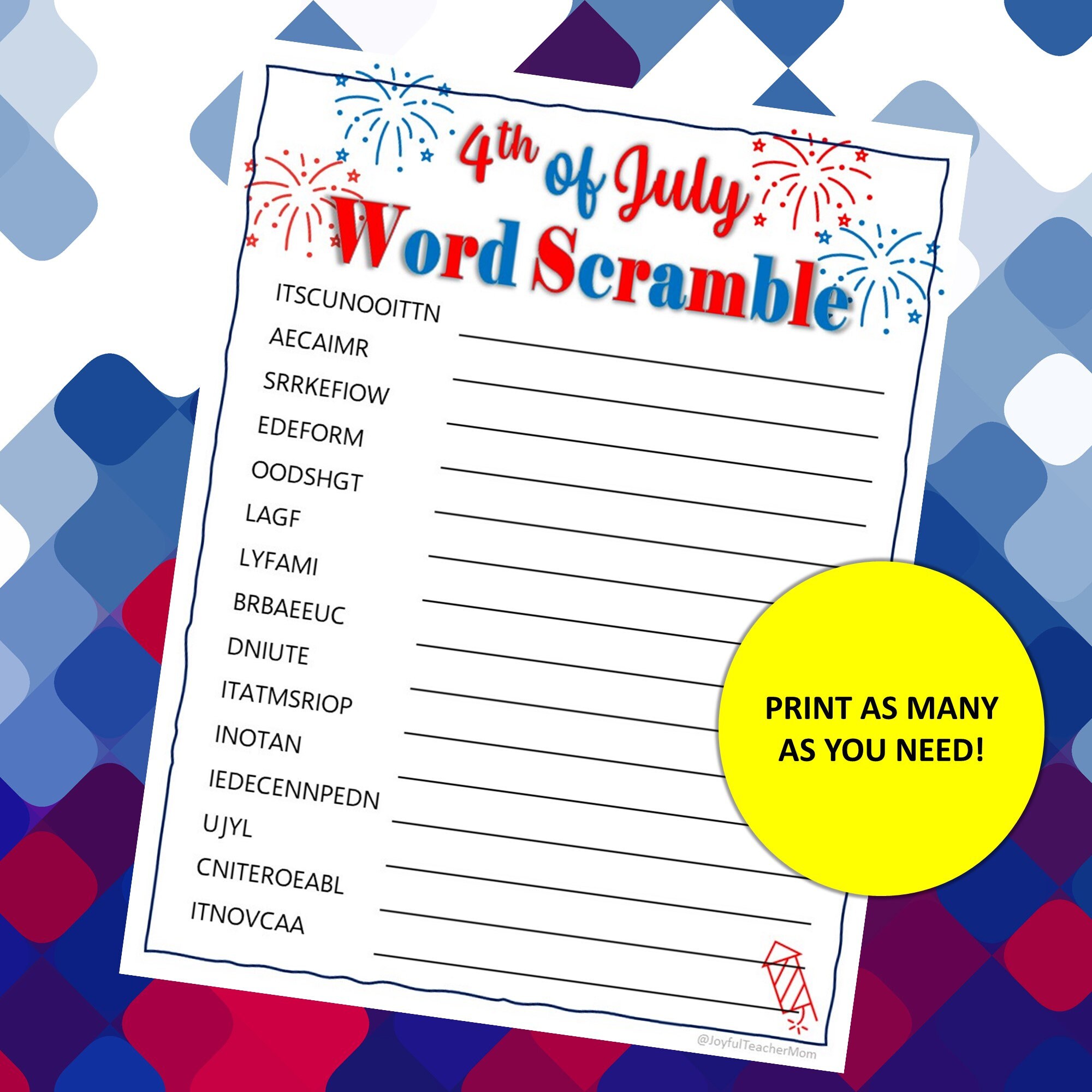 4th of July Word Scramble Game 4th of July Printable Games Independence ...