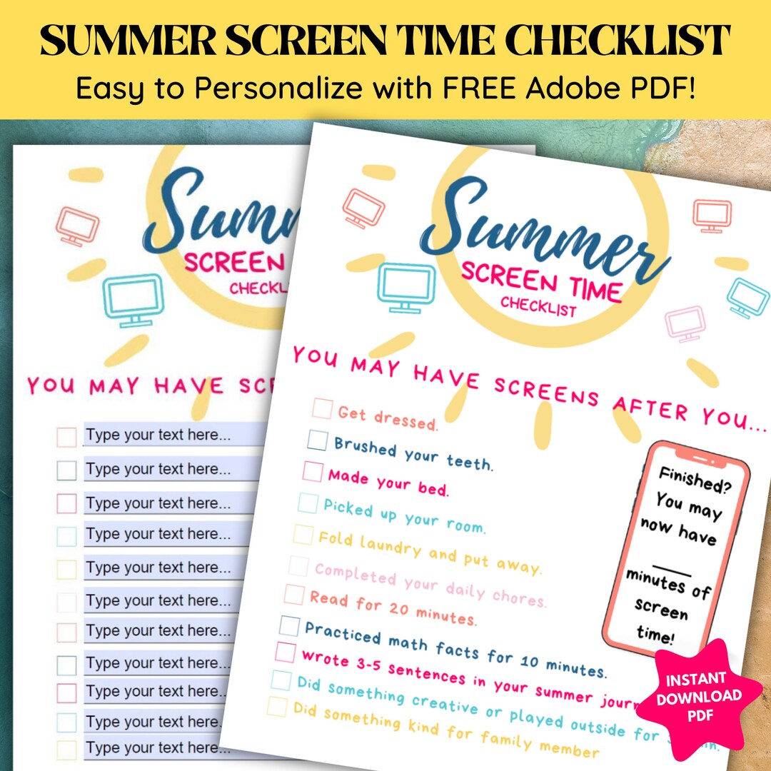 Screen Time Checklist Editable Screen Time Chore Chart Summer Chores ...
