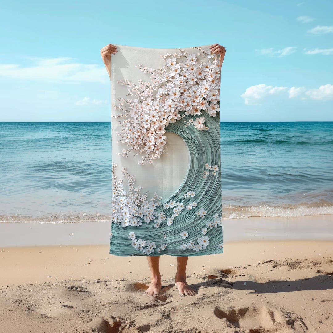 Sakura Wave Beach Towel, Cherry Blossom and Ocean Wave Towel Design ...