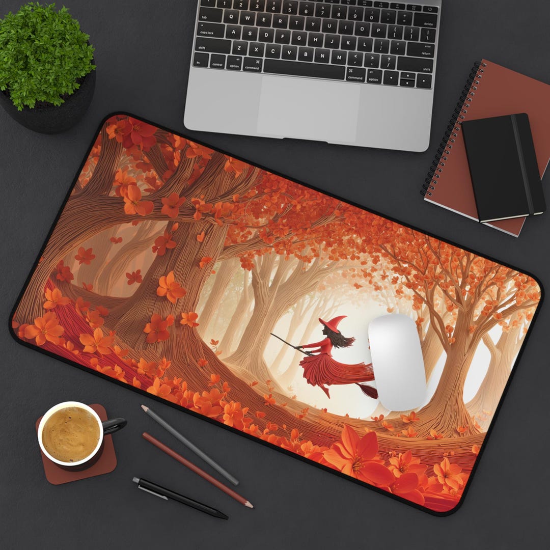 Halloween Witch Desk Mat, Spooky Autumn Blossom Mouse Pad, Witch in ...