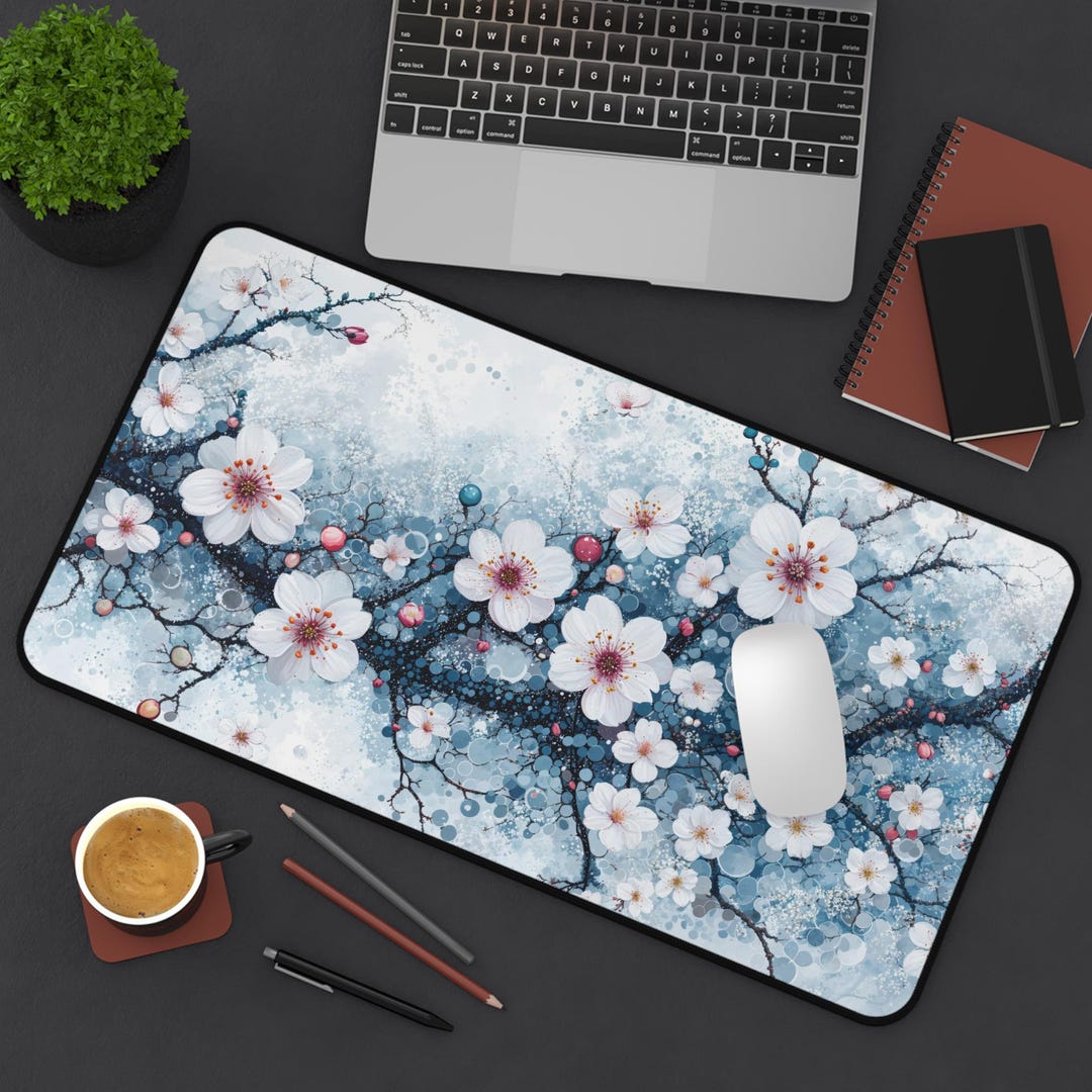 Cherry Blossom Desk Mat, White Sakura XL Mousepad, Anti-slip Desk Pad ...