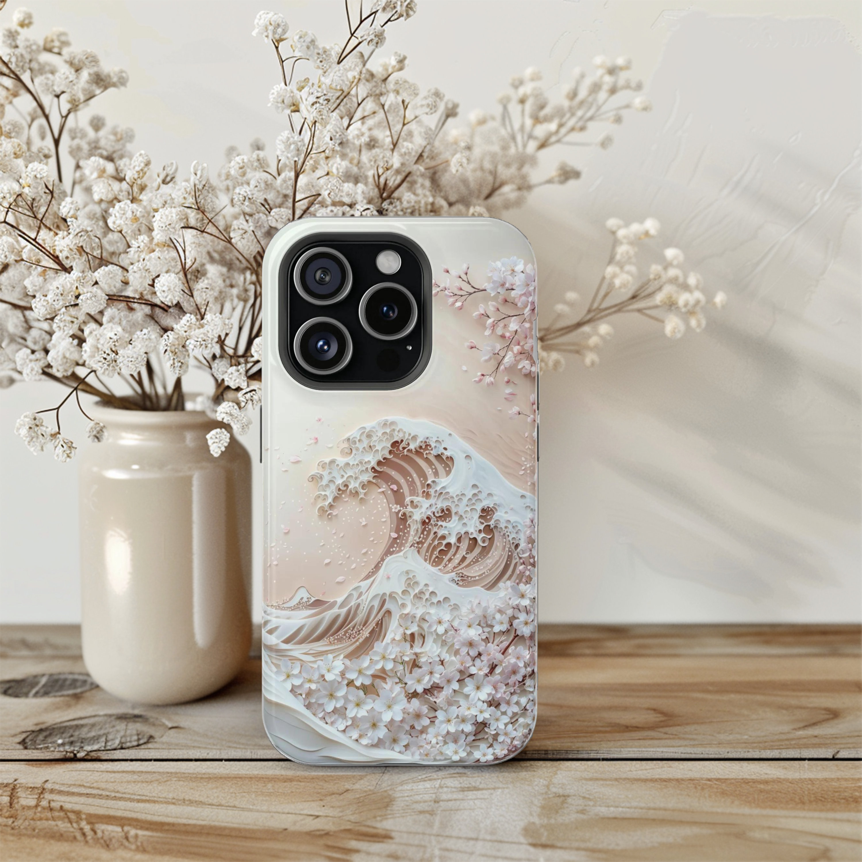 Sakura Wave Art Magsafe iPhone Case, 3D Cherry Blossom and Ocean Wave ...
