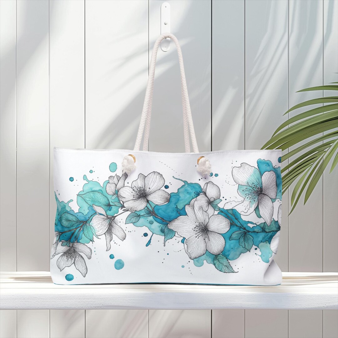 Blossom Weekender Bag, Flowers With Teal Splash, Large Travel Tote ...
