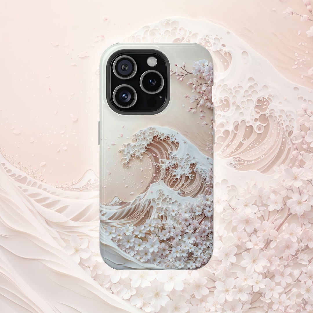 Sakura Wave Art Magsafe iPhone Case, 3D Cherry Blossom and Ocean Wave ...