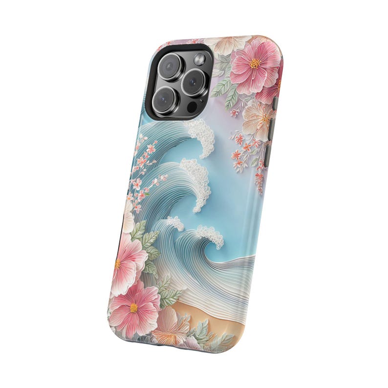 Tropical Pink Flower and Wave iPhone Case, Magsafe Magnetic Charge ...