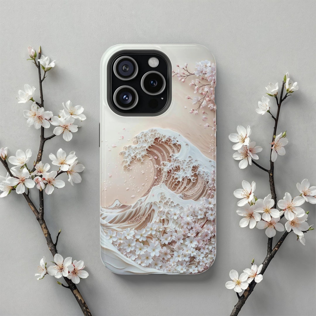 Sakura Wave Art Magsafe iPhone Case, 3D Cherry Blossom and Ocean Wave ...