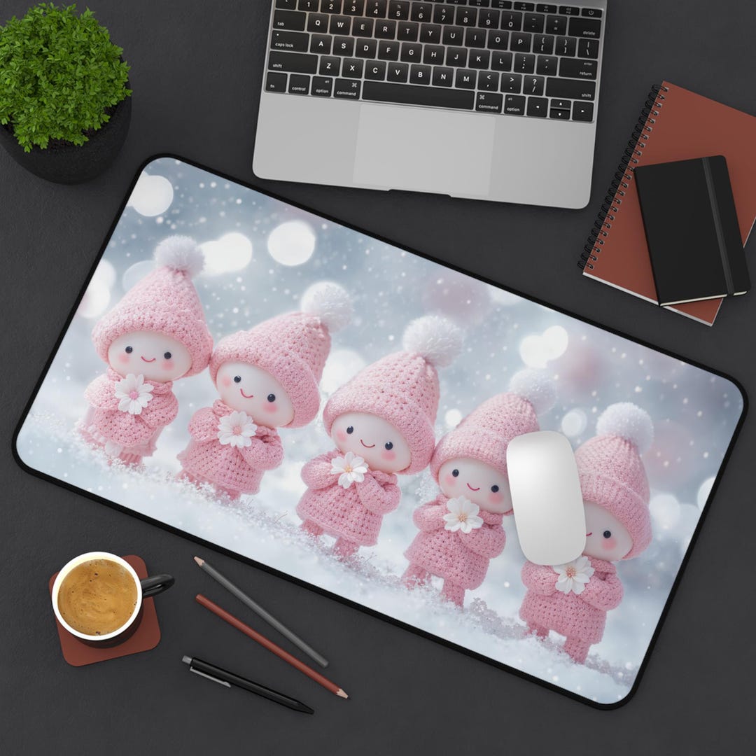 Cute Pink Snow Elf Desk Mat, Large Mouse Pad, Christmas Winter Adorable ...