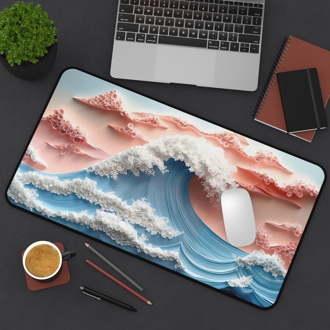 Blossoming Wave Desk Mat - Ocean Decor Large Gaming Mouse Pad - Durable ...