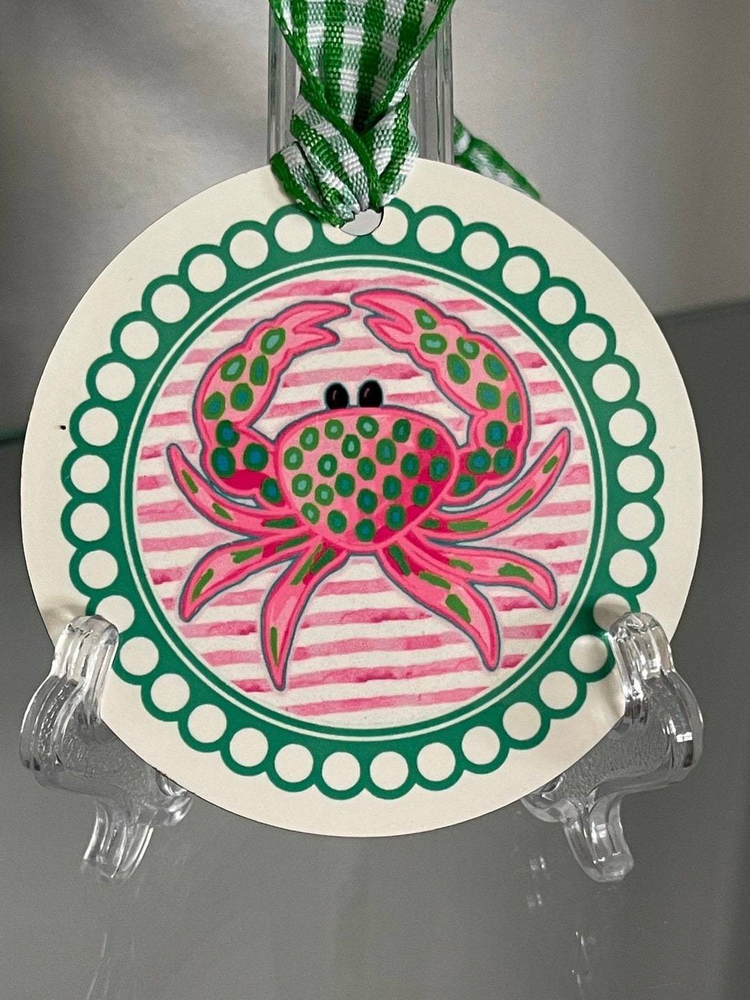 Preppy Crab Ornament Pink Green Gift Green Circle Stripe - Etsy