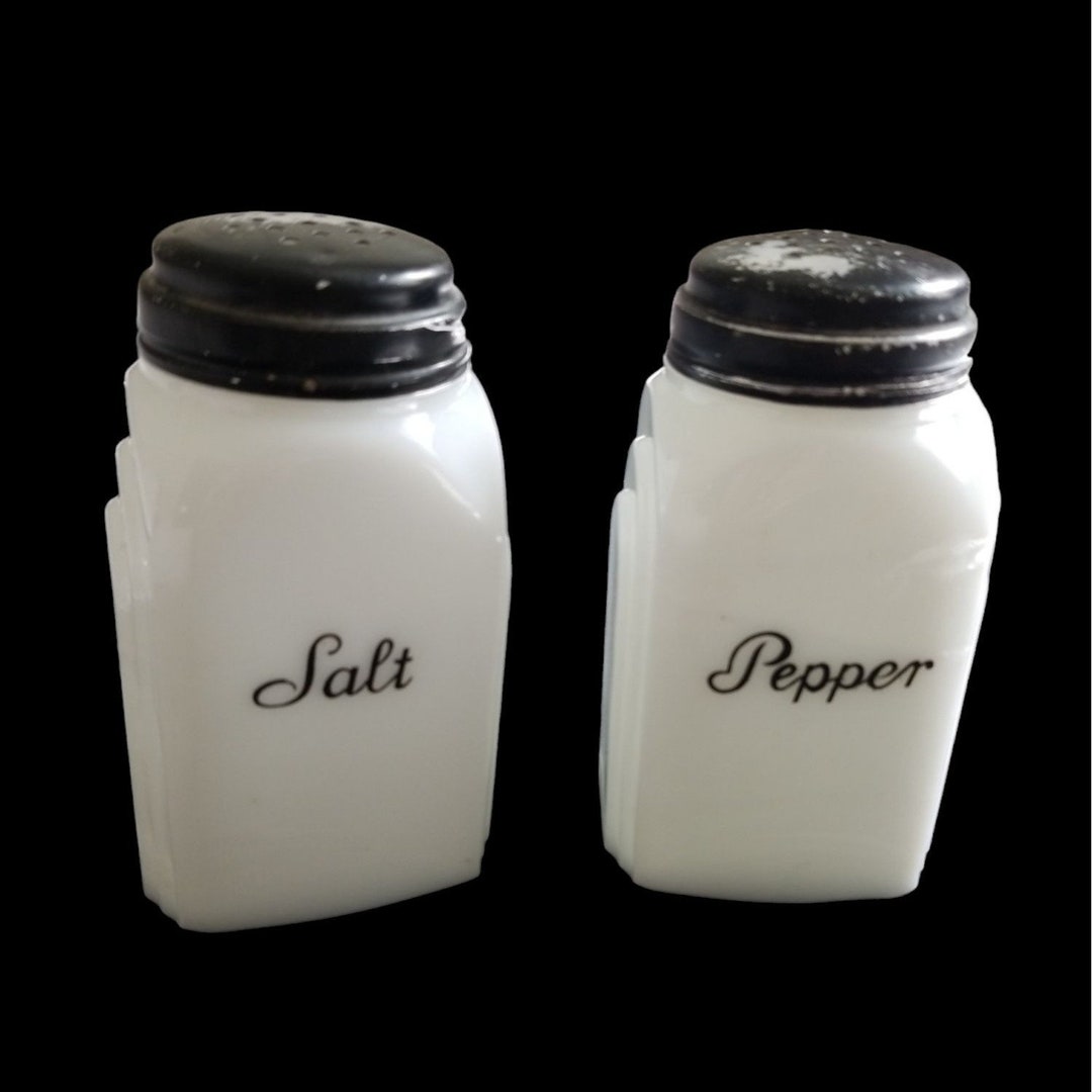Mckee Roman Arch White Milk Glass Salt & Pepper Shakers With Black Lids ...