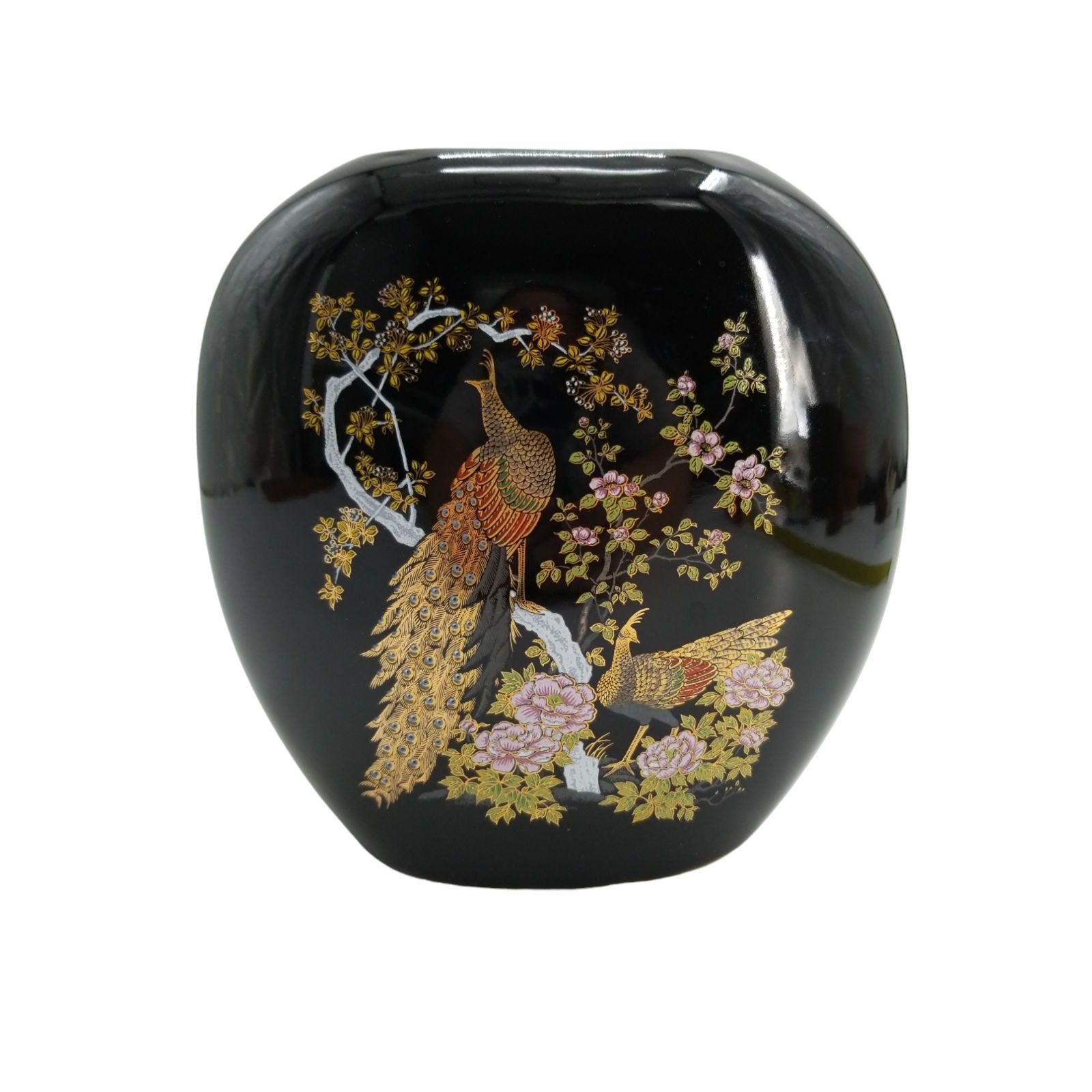 Vintage Japanese Vase Black Flat Oval With Peacock Birds and - Etsy