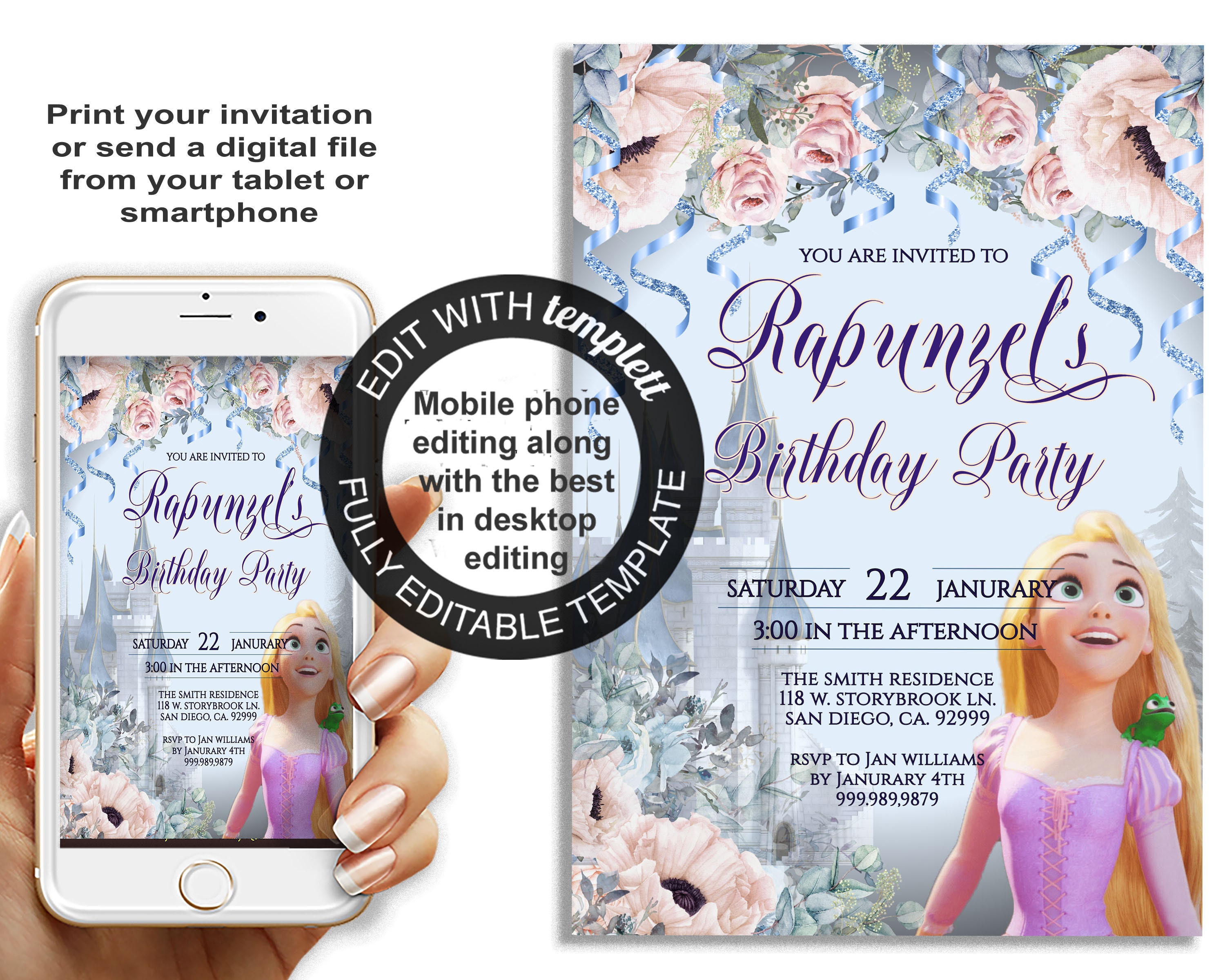 Editable TANGLED BIRTHDAY INVITATION, Any Age, Rapunzel, Dusty Rose ...