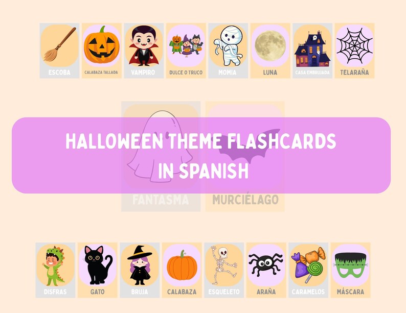 Halloween Theme Flashcards Spanish - Etsy