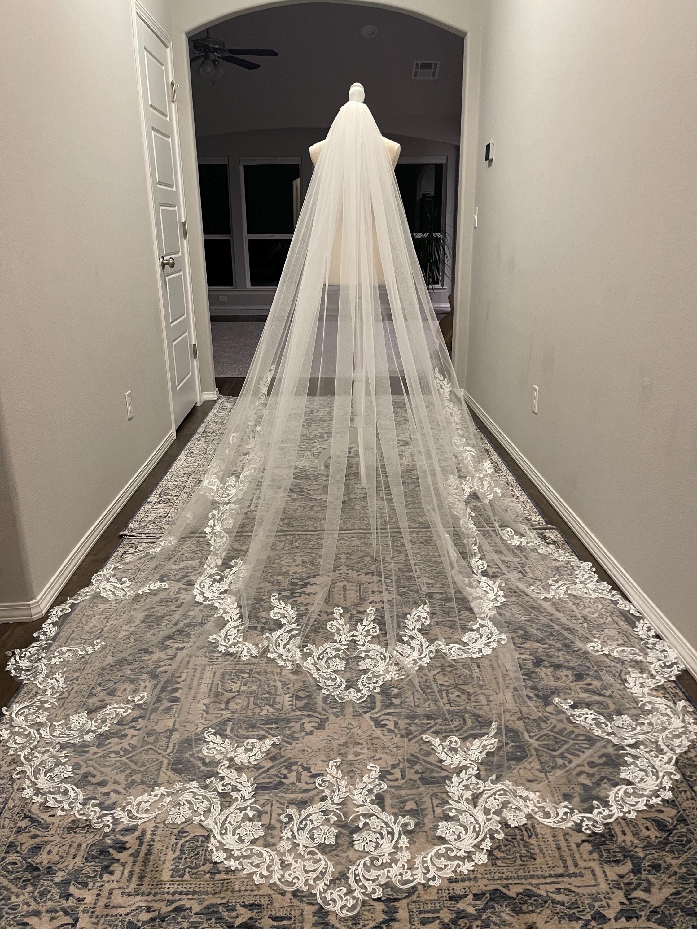 Long Cathedral Wedding Veil: Soft Lace, Silver Comb, Ivory Tulle - Etsy