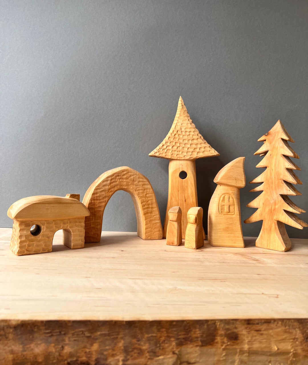 Premium Wooden Toy Dwarf Village Towers Houses and Tree With Wooden ...