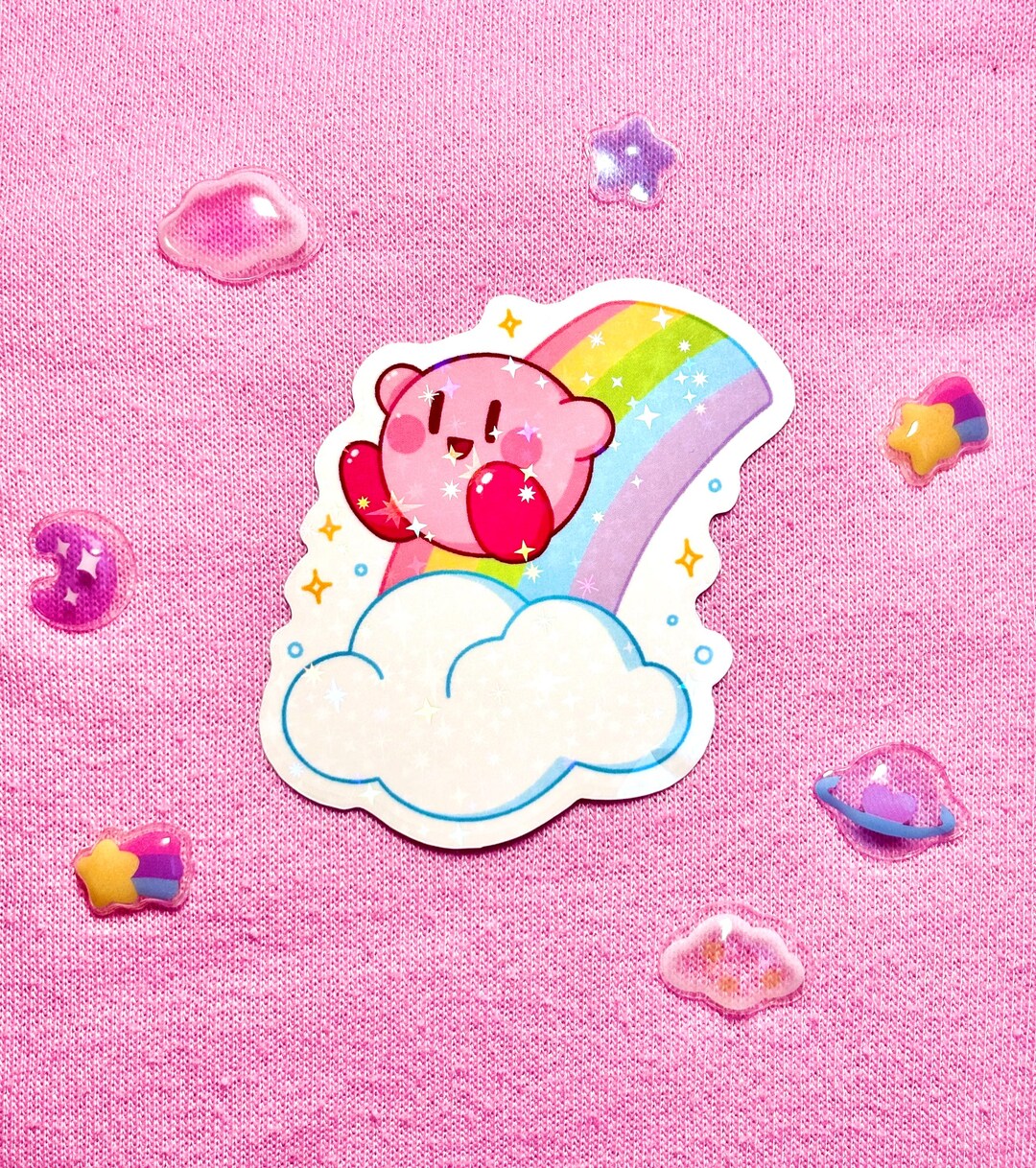 Rainbow Kirby Holographic Sticker | Kirby, Rainbow, Funny, Poyo, Clouds ...