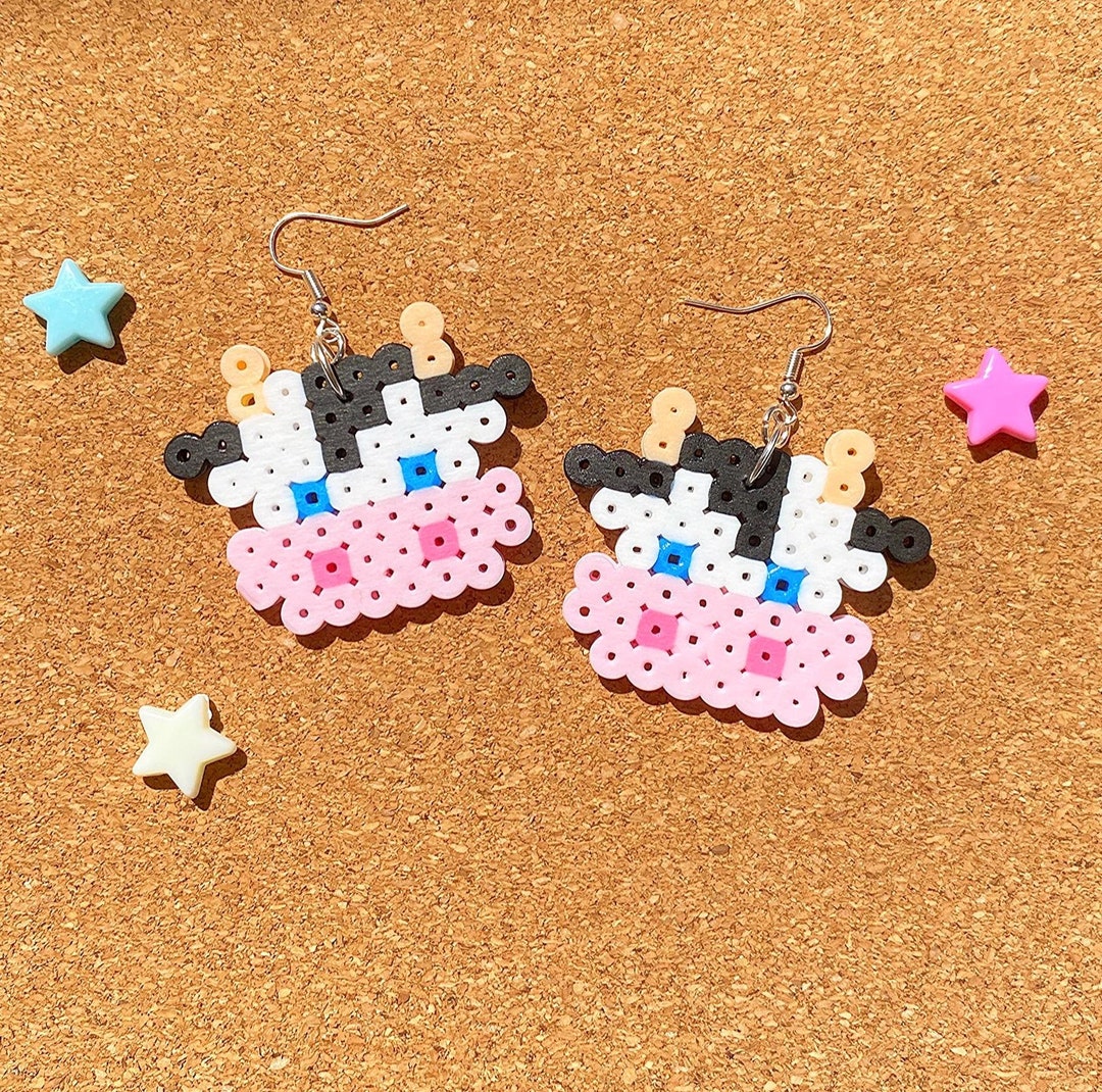 Cow Earrings | Moo, Cow Earrings, Perler Beads, Animal, Perler Bead ...