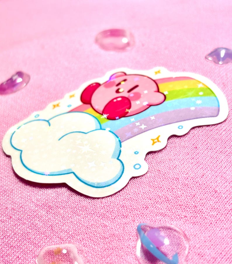 Rainbow Kirby Holographic Sticker | Kirby, Rainbow, Funny, Poyo, Clouds ...
