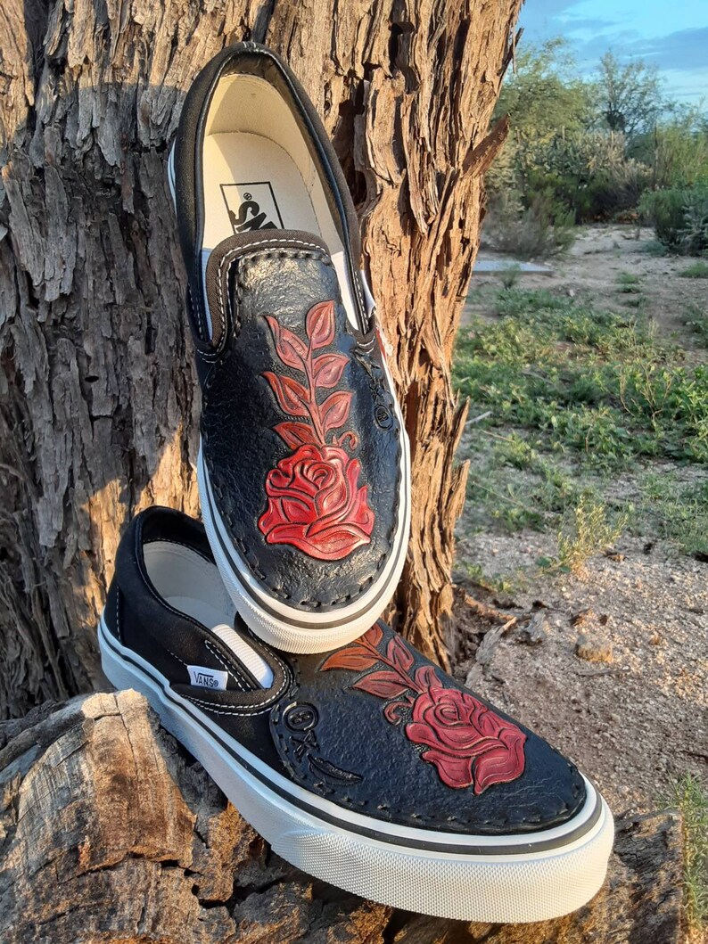 Custom Hand Tooled Leather Panels Attached to Vans Shoes, Black and Red ...