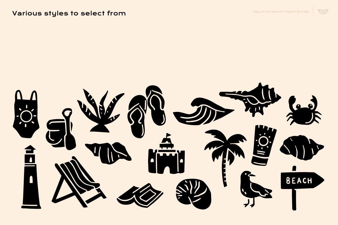 Day at the Beach Clipart Bundle, Linocut Beach Vibes PNG, Vector ...