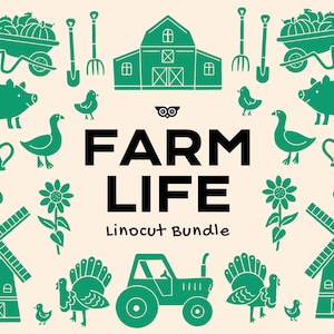 Farm Life Linocut Bundle, Farm Animal Clipart Bundle, Scrapbook Clipart ...