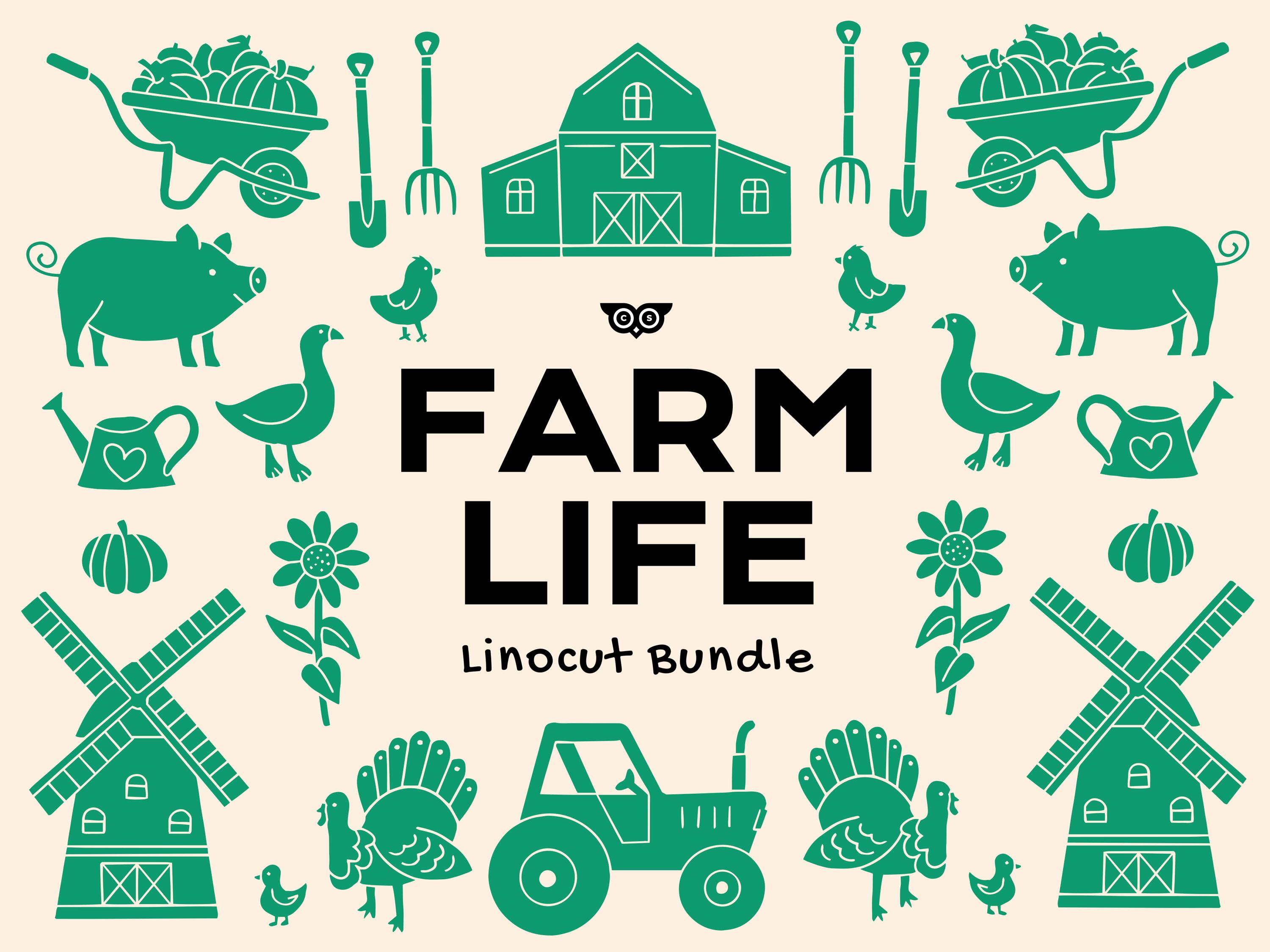 Farm Life Linocut Bundle, Farm Animal Clipart Bundle, Scrapbook Clipart ...