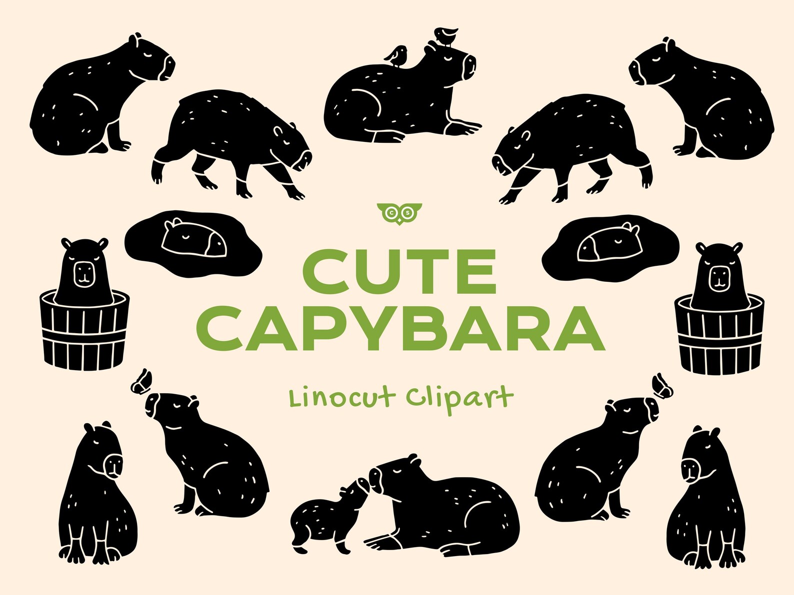 Cute Capybara Linocut Clipart, Adorable Animal Linocut Illustrations ...