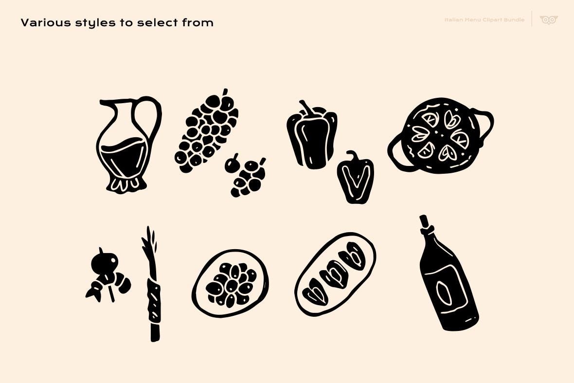 Italian Menu Clipart Bundle, Handrawn Linocut Vectors, Mediterranean ...