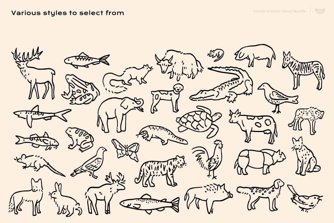 Doodle Animals Clipart Bundle, SVG Animal Drawings, Handrawn Animal ...