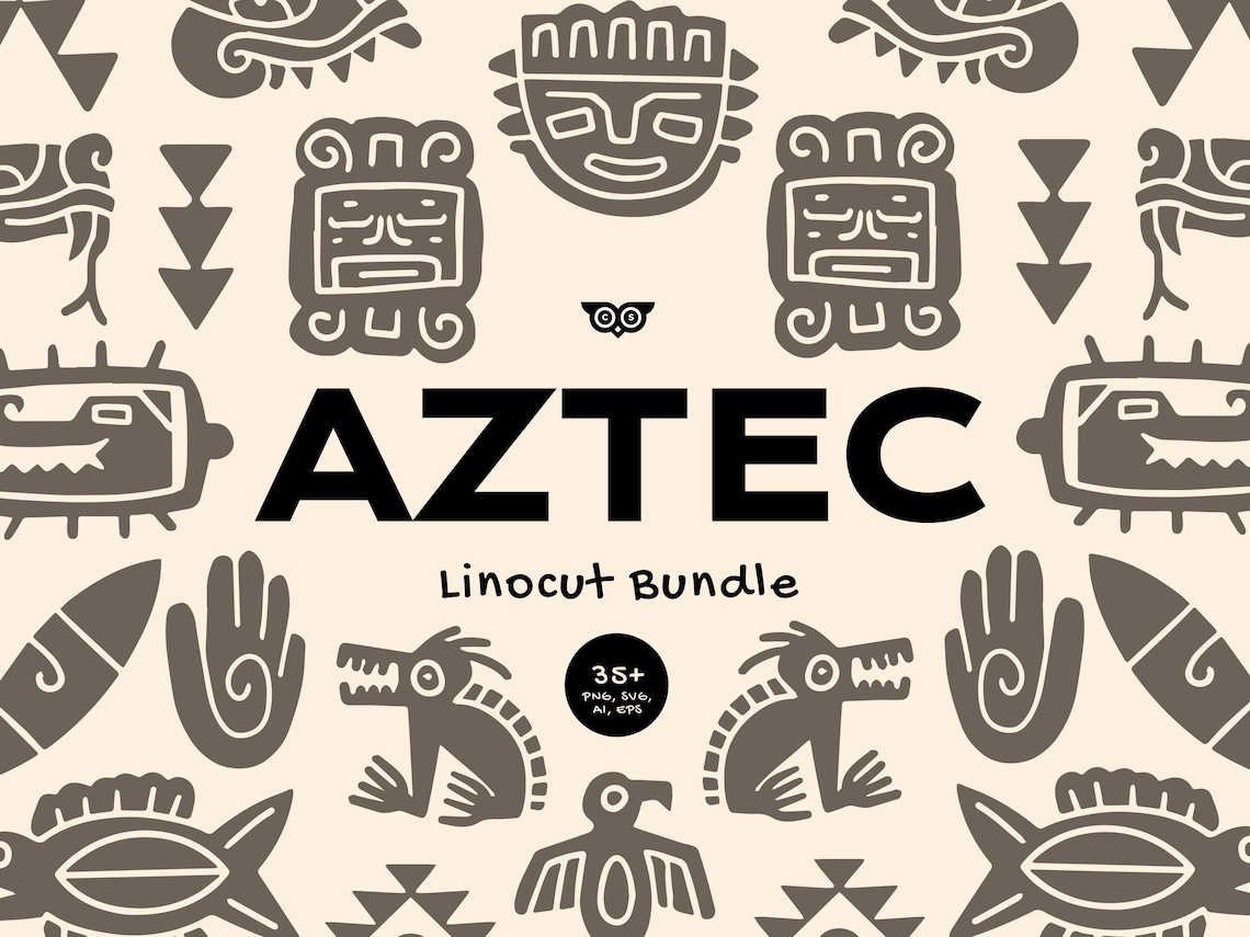 Aztec Linocut Bundle, Handrawn Ancient Silhouette, PNG Mexican Patterns ...