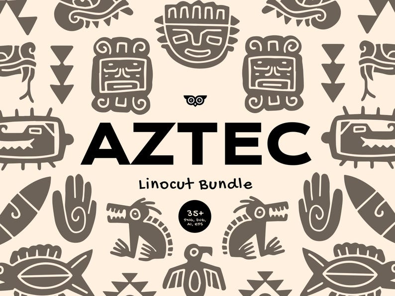Aztec Linocut Bundle, Handrawn Ancient Silhouette, PNG Mexican Patterns ...