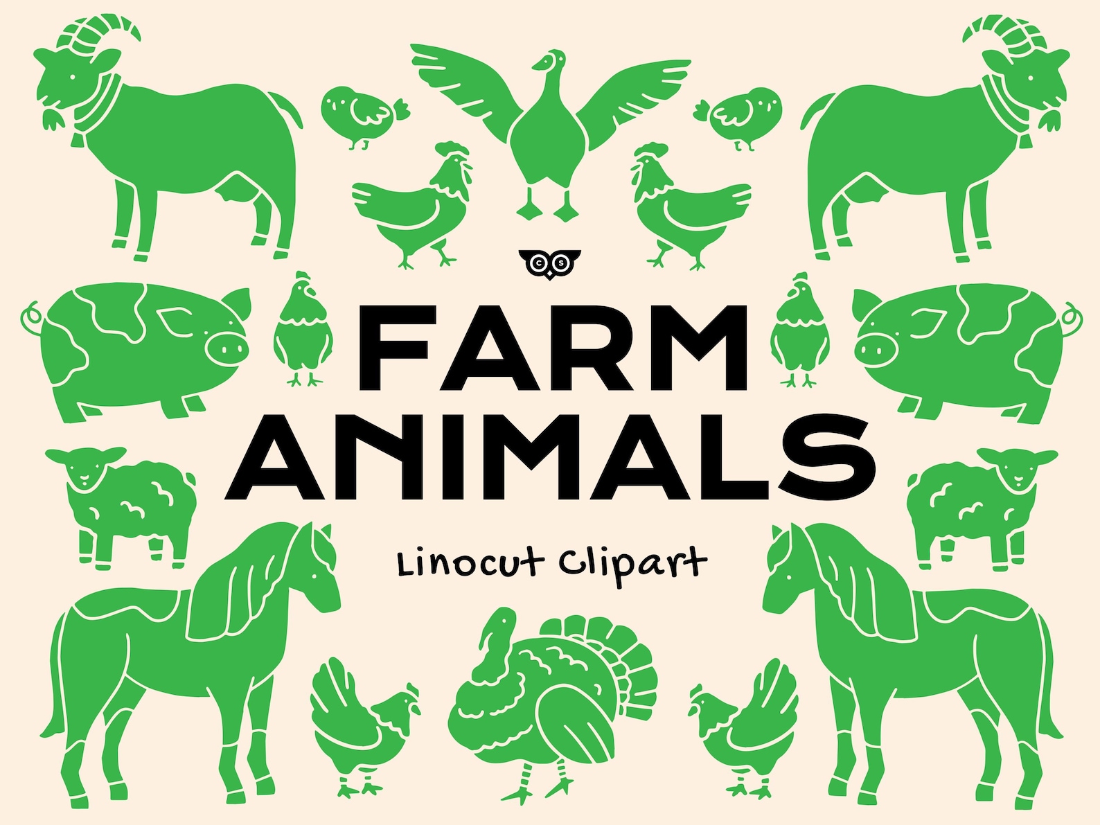 Farm Animals Linocut Clipart, Handrawn Silhouette Animal, Linocut Barn ...