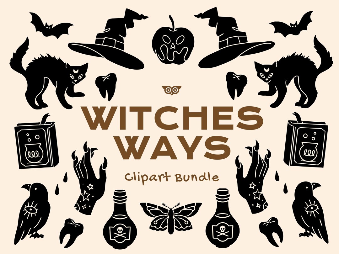 Witches Way Clipart Bundle, Witches and Wizards Silhouette SVG, Linocut ...