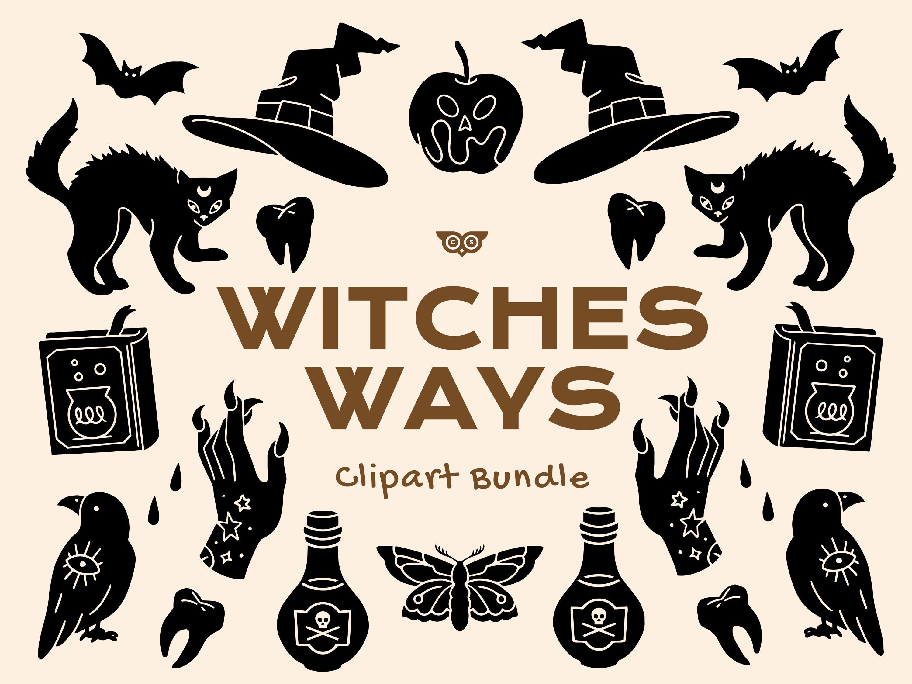 Witches Way Clipart Bundle, Witches and Wizards Silhouette SVG, Linocut ...