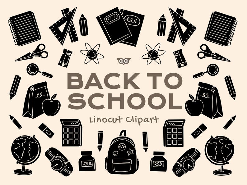 Back to School Linocut Clipart Bundle, School Supplies PNG Files, SVG ...