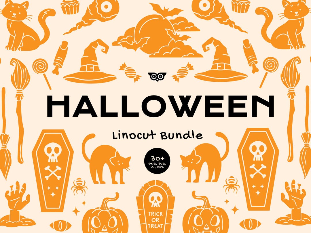Halloween Linocut Bundle, Handrawn Spooky Vectors, PNG Illustration ...