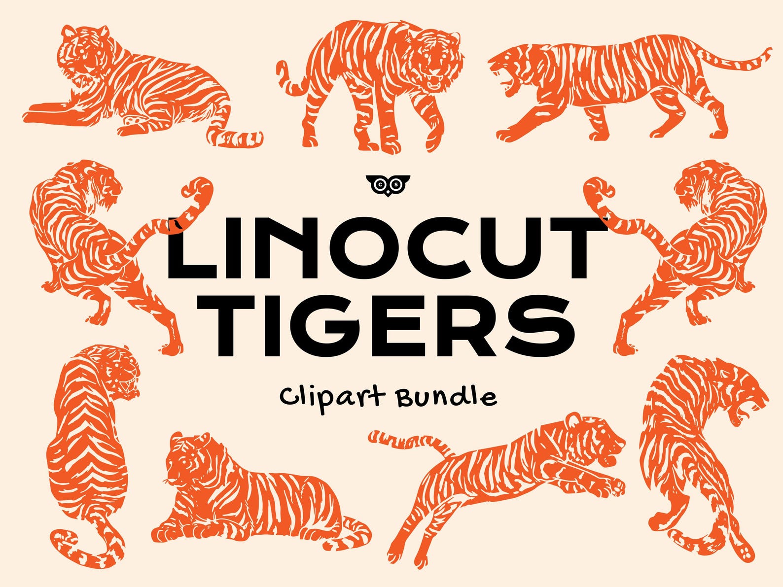 Linocut Tigers Clipart Bundle, Big Cats PNG Files, Downloadable Cat ...