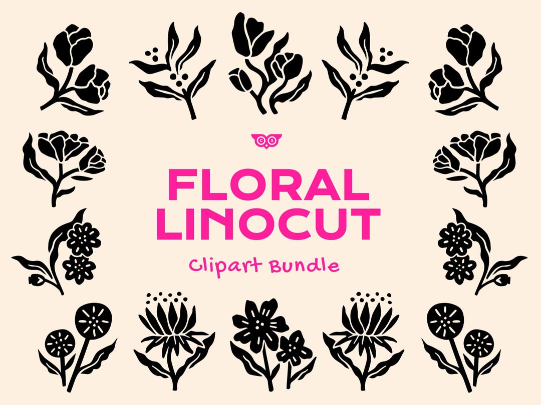 Floral Linocut Clipart Bundle, Handrawn Linoprint Flowers, Botanical ...
