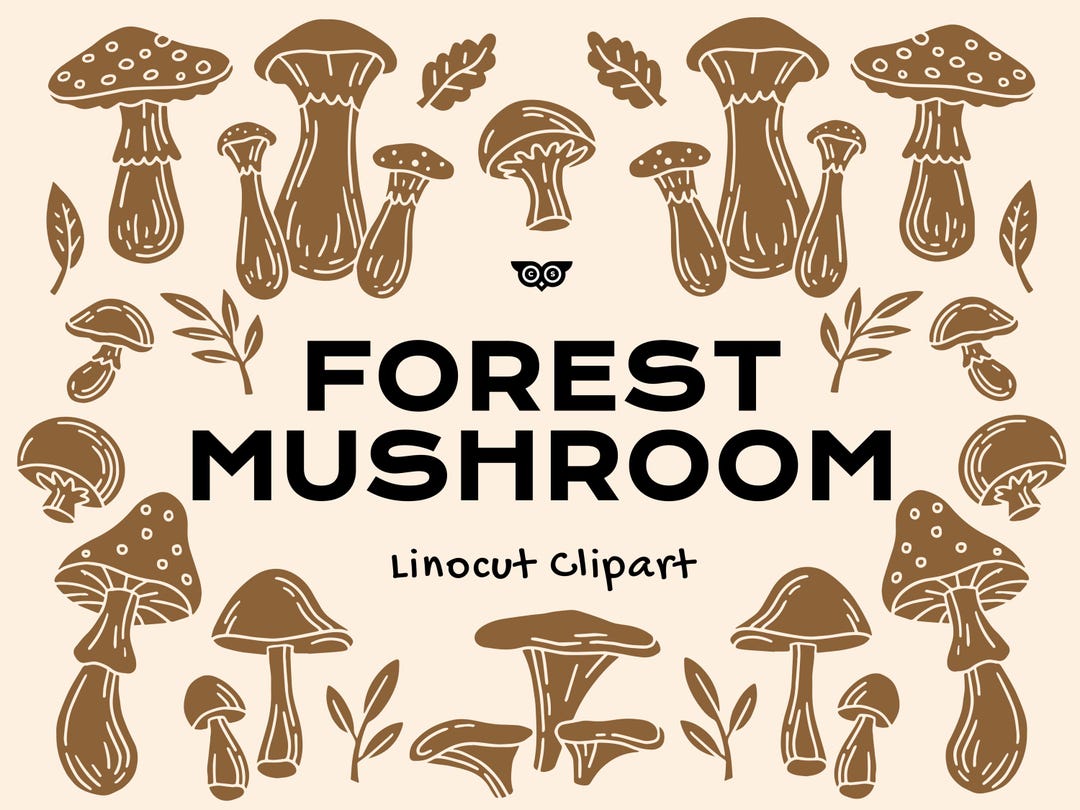 Forest Mushroom Linocut Clipart, Handrawn Fungai Illustrations ...