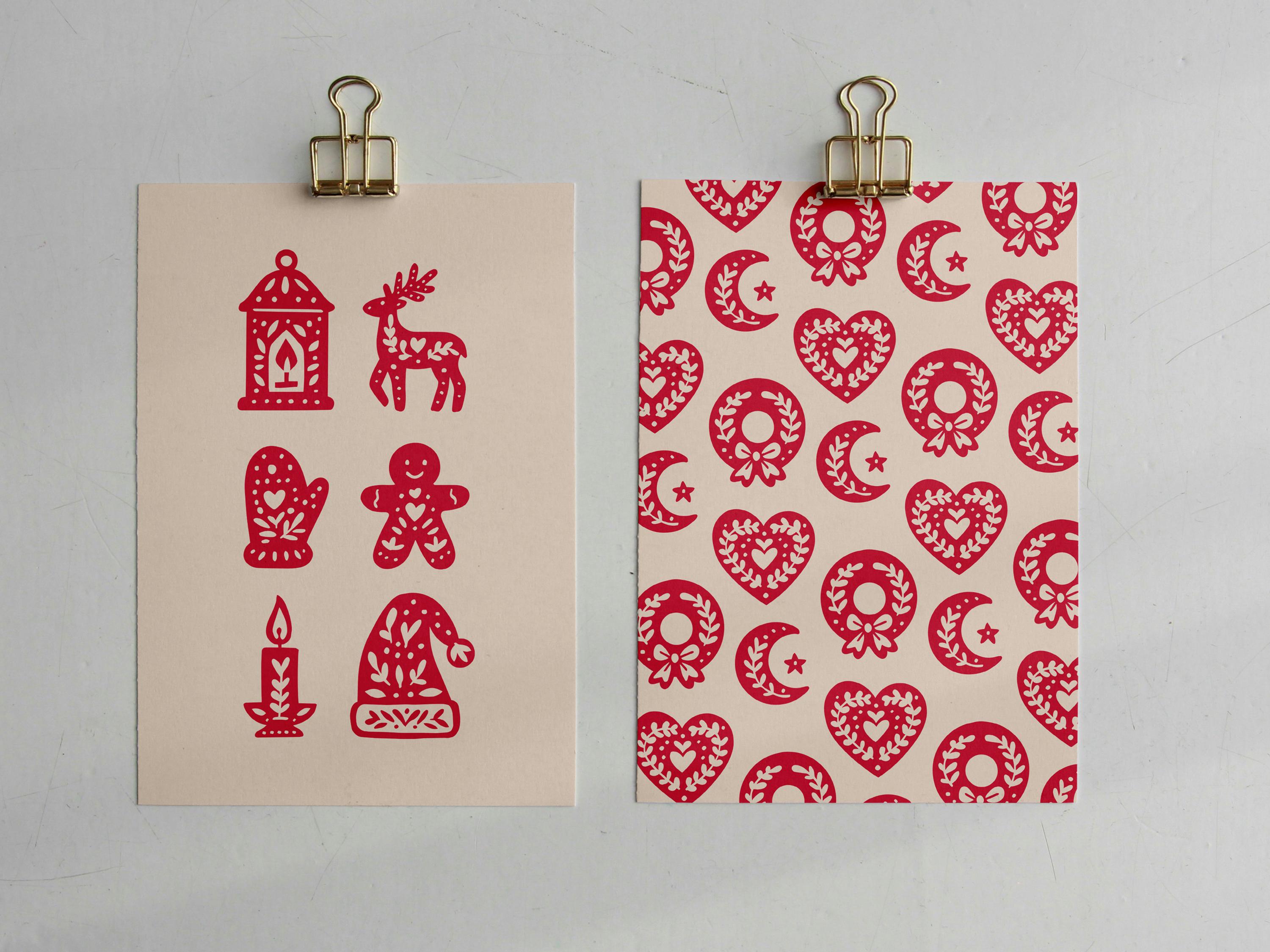 Christmas Folk Linocut Clipart Bundle, Handrawn Santa Silhouette ...