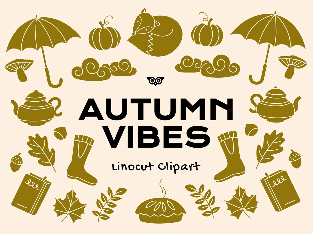 Autumn Vibes Linocut Clipart, Fall Decoration SVG, Fall Seasonal Leaves ...